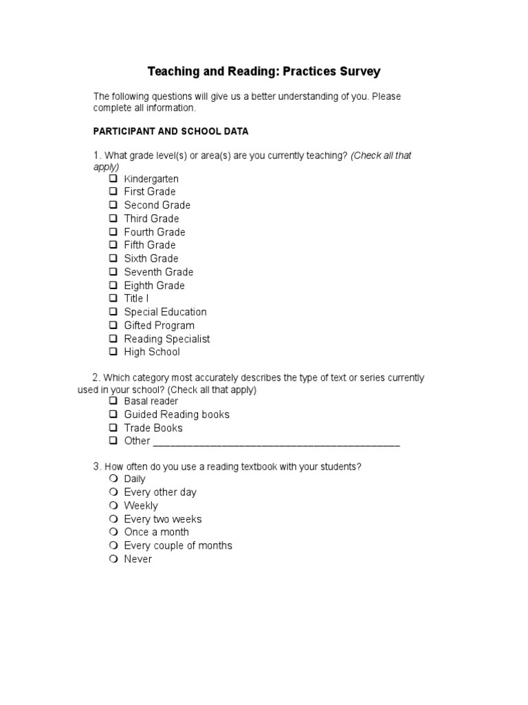 Teaching Practices and Reading Survey | PDF | Self-Improvement | Wellness