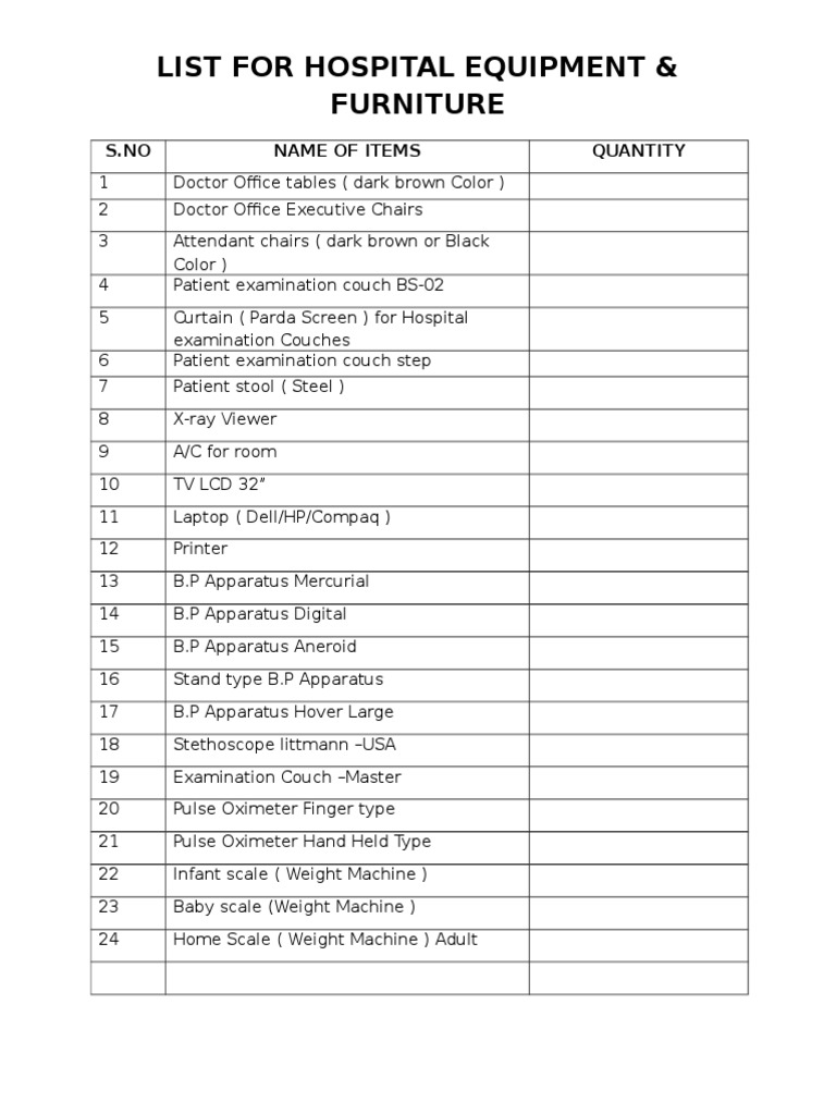 Hospital Equipment List