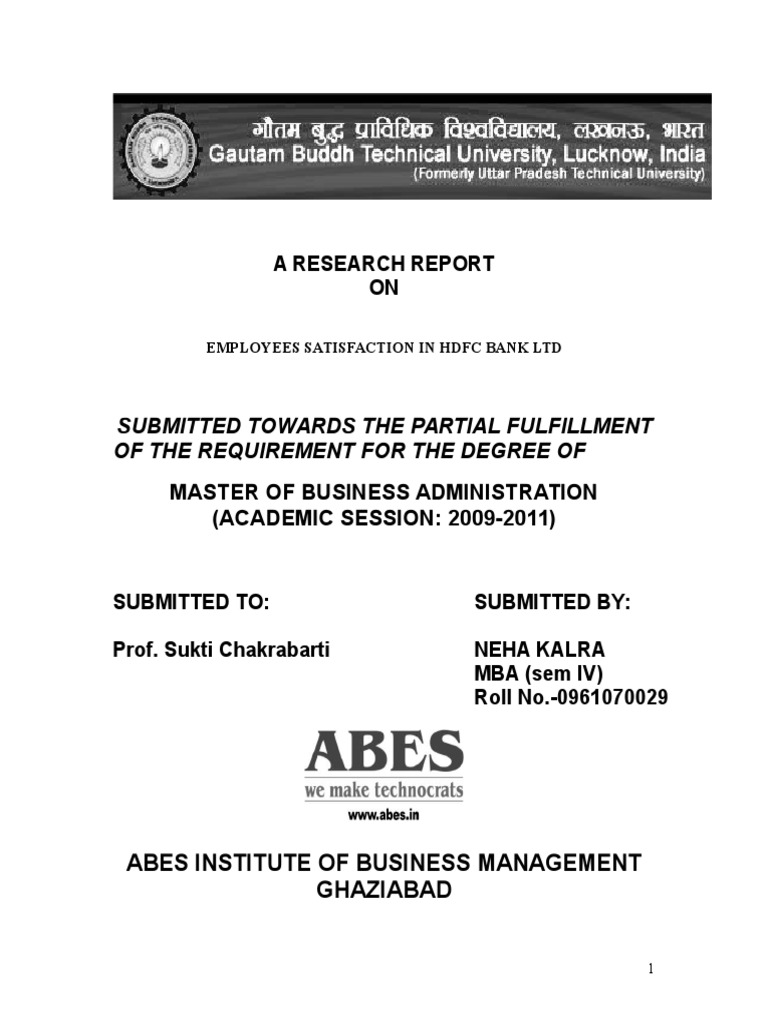 Employees Satisfaction in HDFC Bank LTD Research Report HR | PDF | Job ...