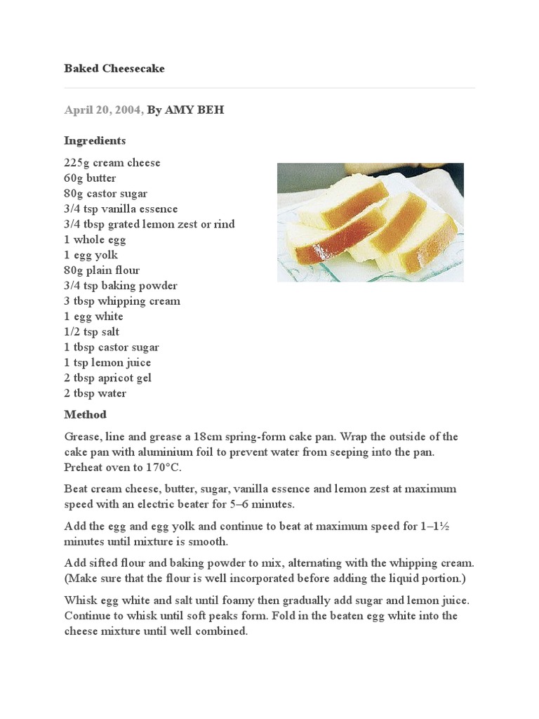 Baked Cheesecake - Amy Beh | PDF | Cakes | Lemon