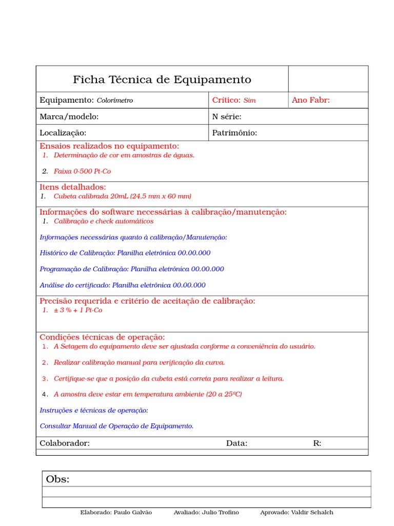 Ficha Técnica de Equipamentos | PDF
