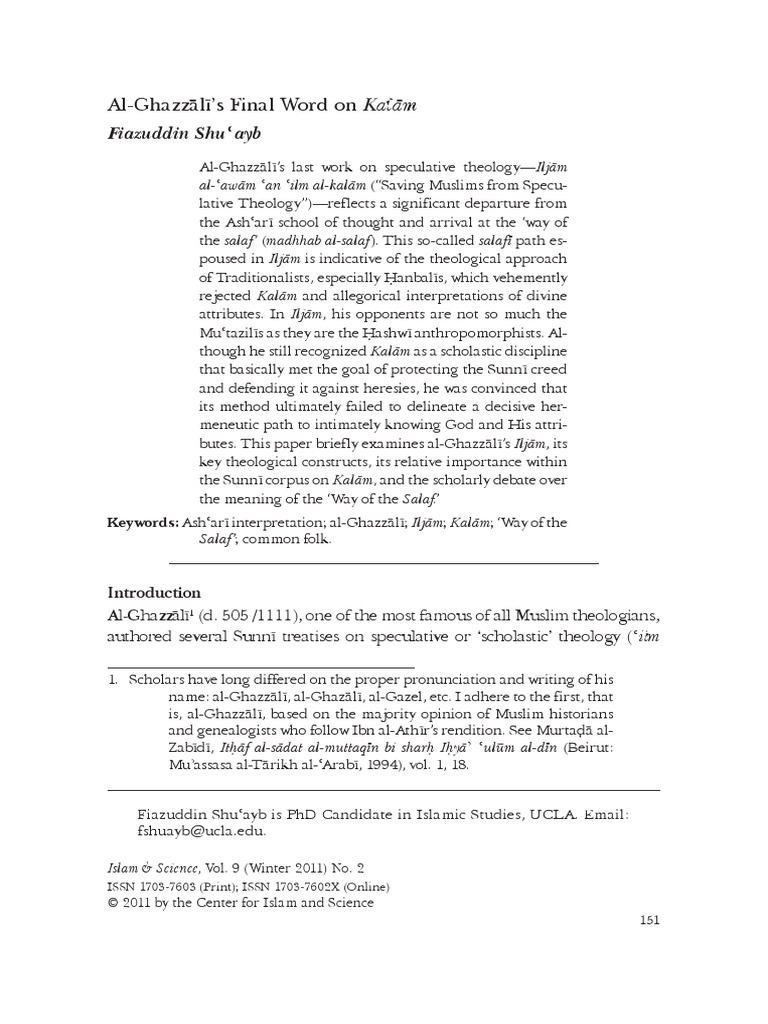 Al-Ghazzali S Final Word On Kalam | PDF | Sunni Islam | Salafi Movement