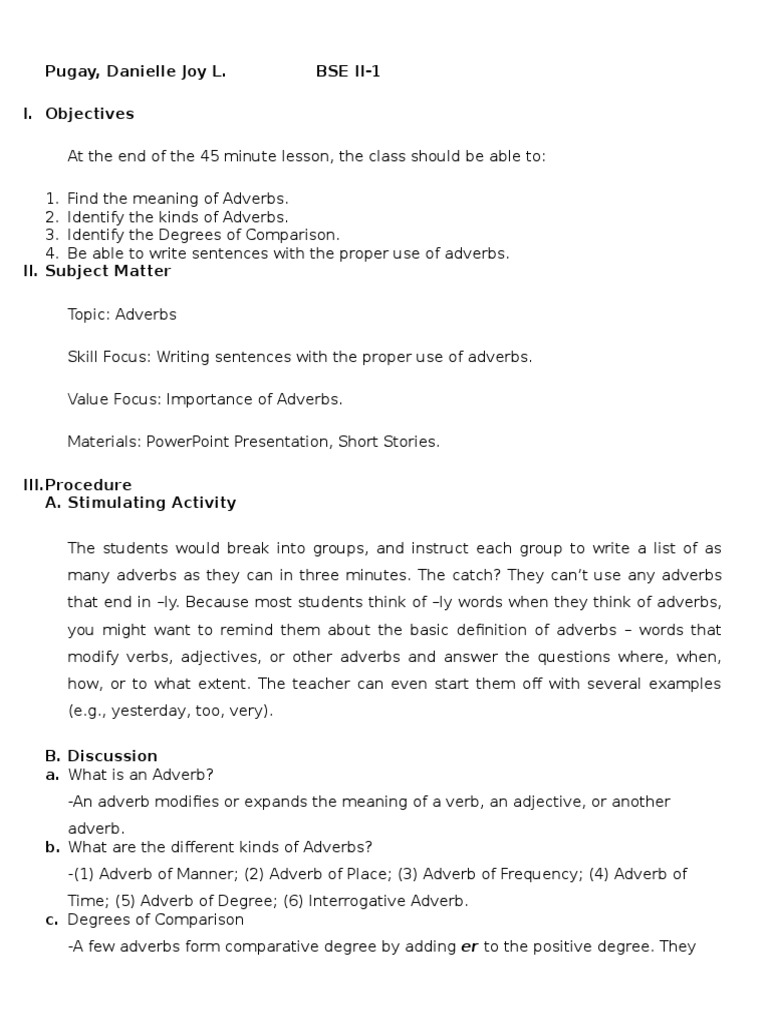 Example of English Lesson Plan | PDF | Adverb | Lesson Plan