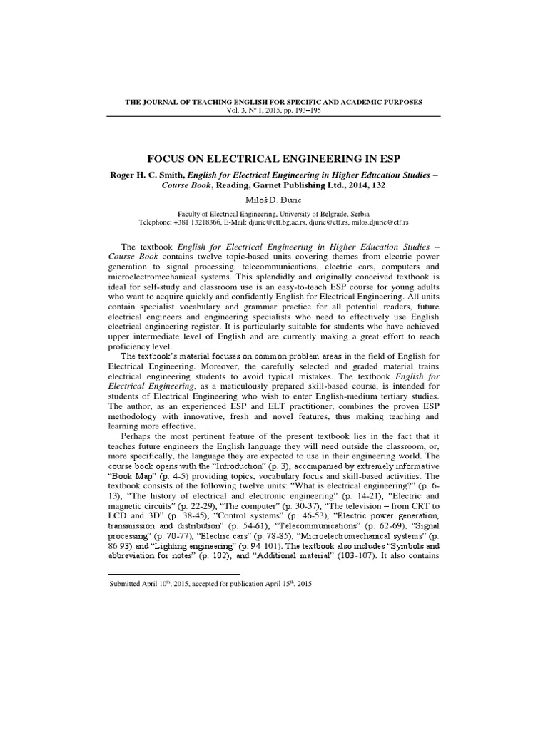 Focus On Electrical Engineering in Esp | PDF | Lecture | Essays