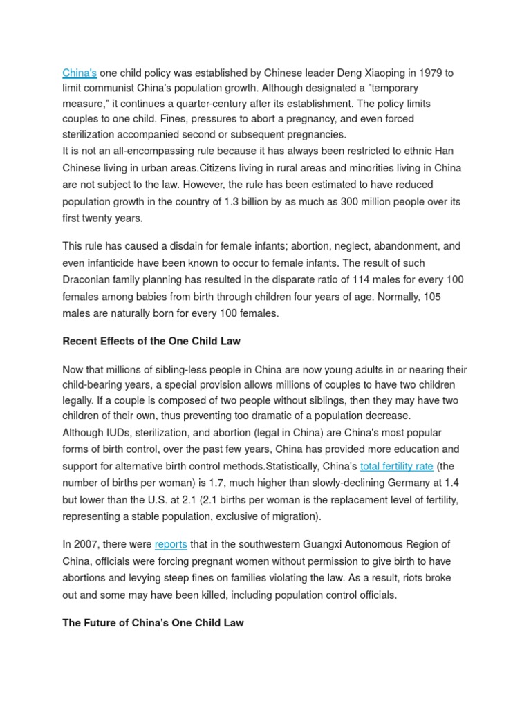 China's: Recent Effects of The One Child Law | PDF | Family Planning ...