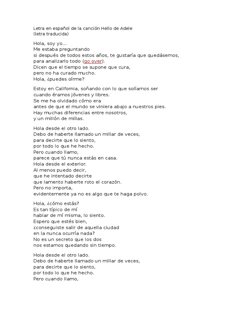 Letra en Español de La Canción Hello de Adele | PDF