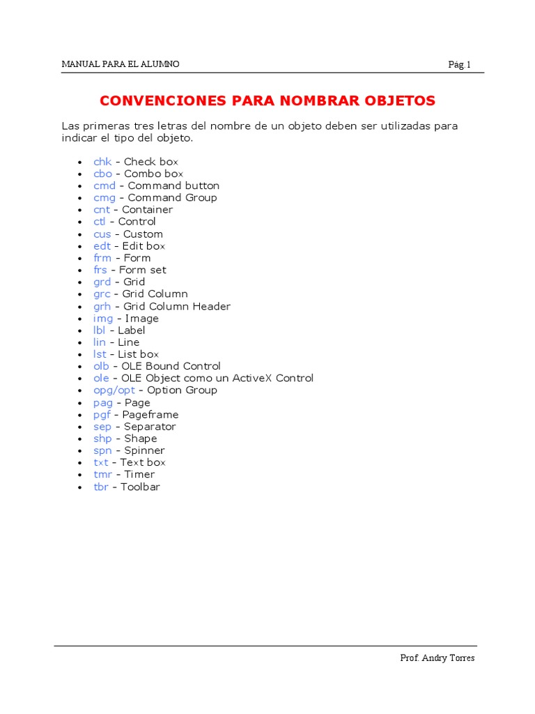 CONVENCIONES PARA NOMBRAR OBJETOS Y CONTROLES EN VISUAL FOXPRO | PDF | Objeto (informática ...