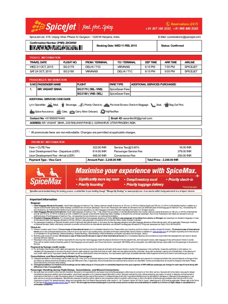 spicejet-e-ticket-pnr-z9c9kw-21-oct-2015-delhi-varanasi-for-mr-sinha