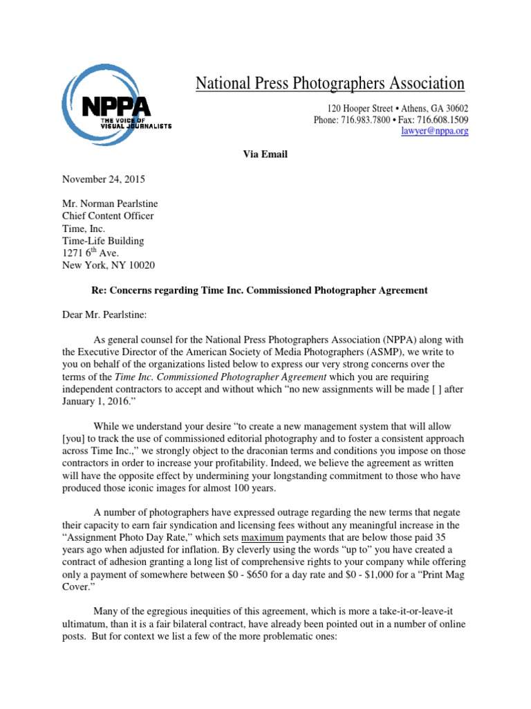 NPPA's Letter To Time, Inc 11/24/15 | PDF | Photographer | Common Law