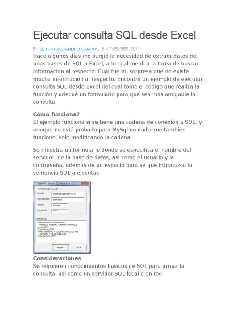 Ejecutar Consulta SQL Desde Excel | PDF | Active X Data Objects | SQL