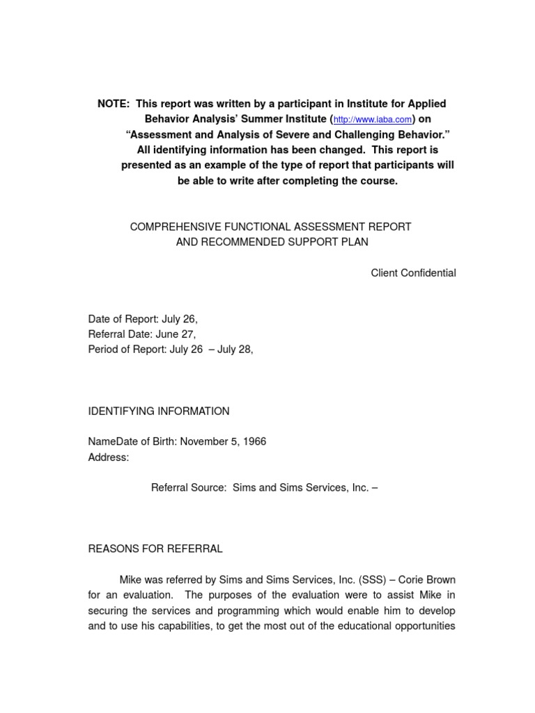 COMPREHENSIVE FUNCTIONAL ASSESSMENT REPORT AND RECOMMENDED SUPPORT PLAN ...