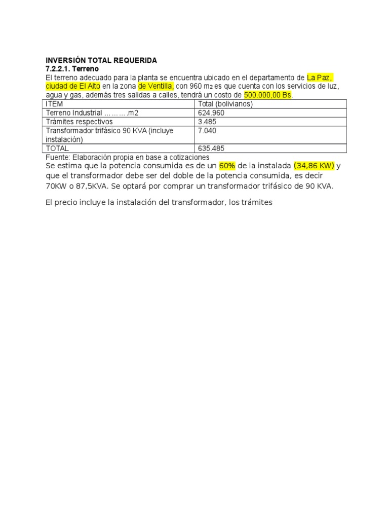 Inversión Total Requerida | Descargar gratis PDF | Bolivia | Inversiones