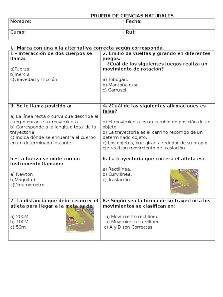 Prueba Fuerza y Movimiento | PDF