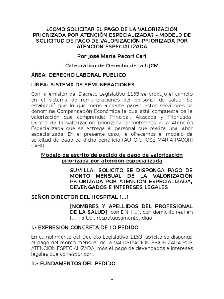 Cómo Solicitar El Pago de La Valorización Priorizada Por Atención Especializada - Modelo de ...