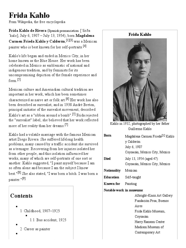 Frida Kahlo English Bio1 | Paintings | Arts (General)