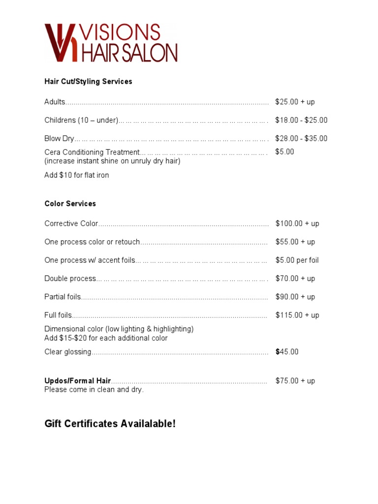 Visions Hair Salon Menu | PDF | Career & Growth | Finance & Money ...