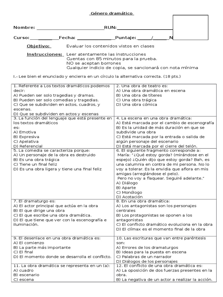Prueba Género Dramático | PDF | Comedia | Teatro