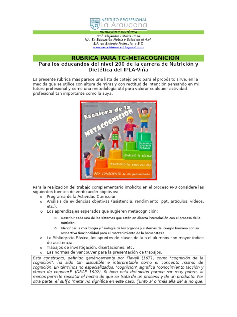Valida 2015 Rubrica Metacognicion T.C. Pp3 Nivel 200 V-D Valida | PDF | Aprendizaje | Conocimiento