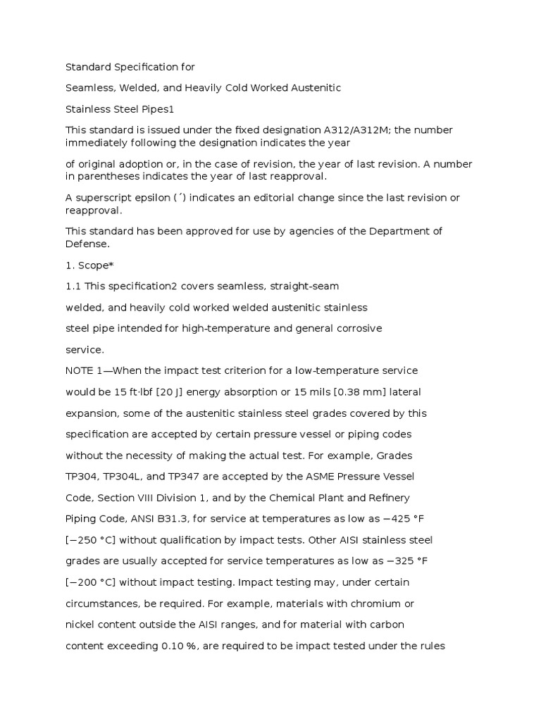 Standard Specification For A312 | PDF | Pipe (Fluid Conveyance) | Chemistry