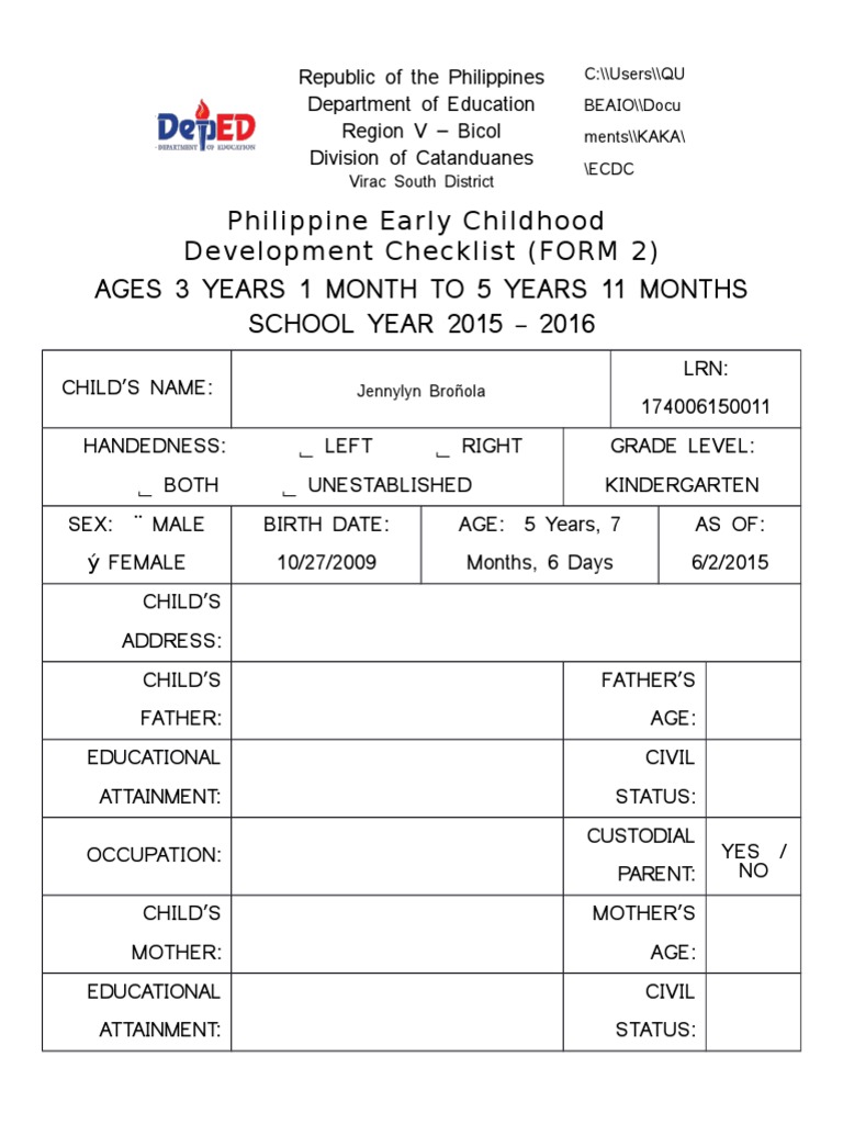 Early Childhood Development Checklist (Ecdc) Dynamic Input Front Page | PDF