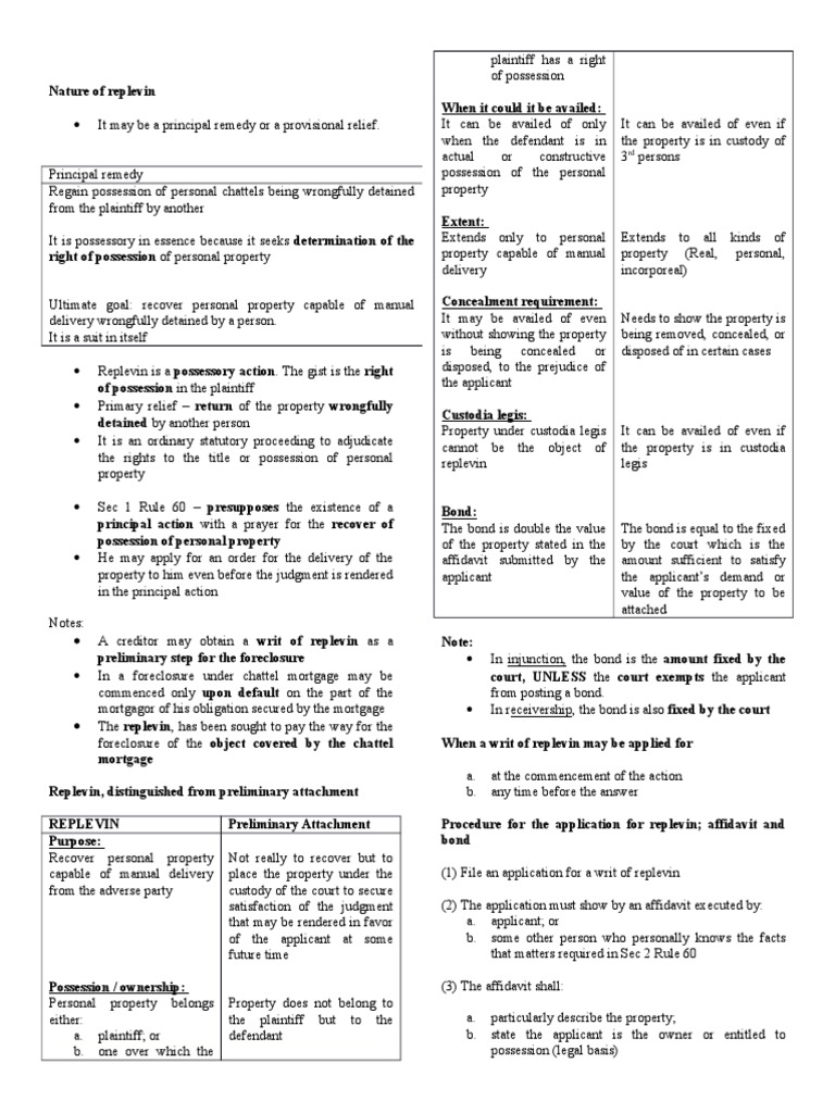 Replevin Notes | PDF | Search And Seizure | Surety Bond