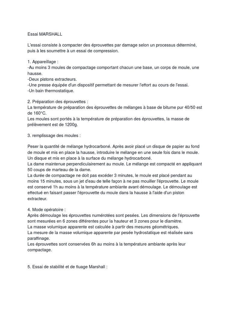 Essai Marshall : Mode Opératoire et Résultats | PDF | Maison et jardin ...