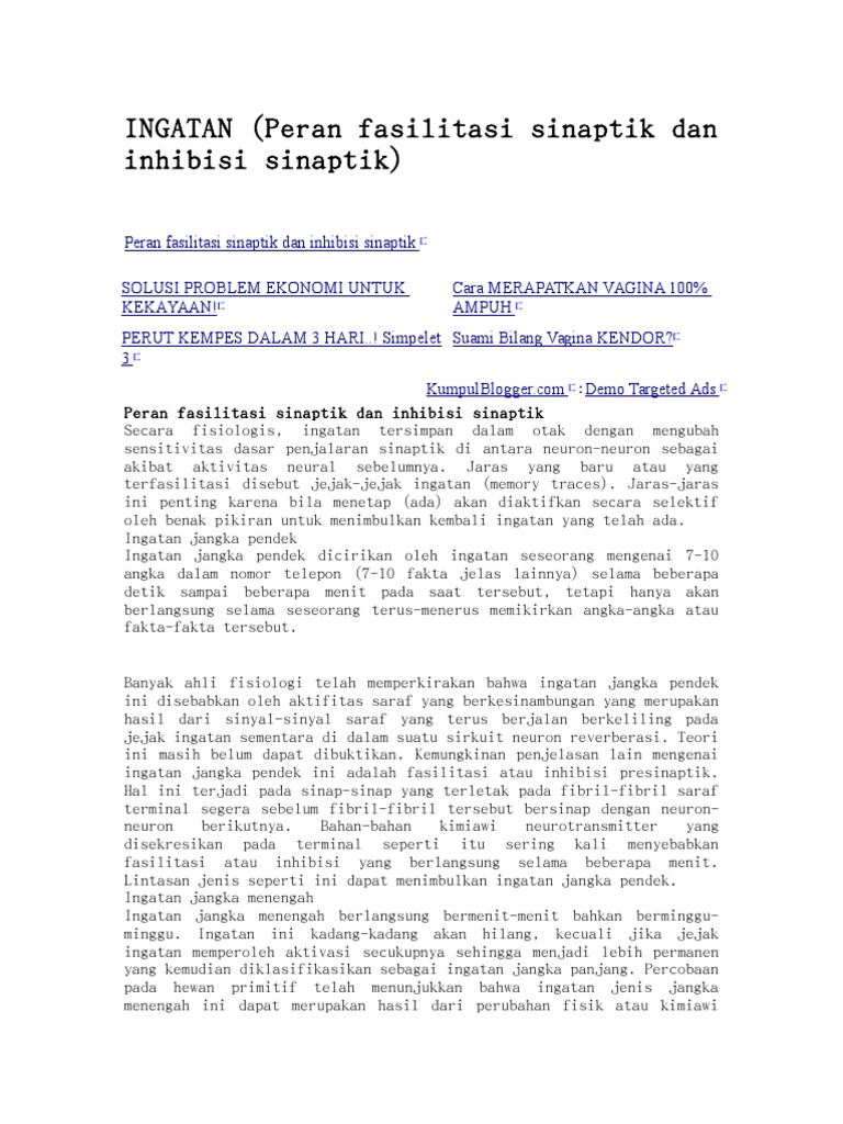 Sinaps dan Ingatan: Fasilitasi & Inhibisi | PDF