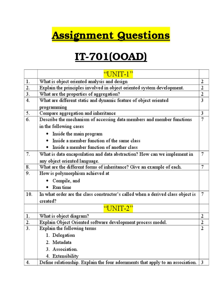 Assignment Questions IT-701 (OOAD) : "UNIT-1" | Download Free PDF | Object (Computer Science ...