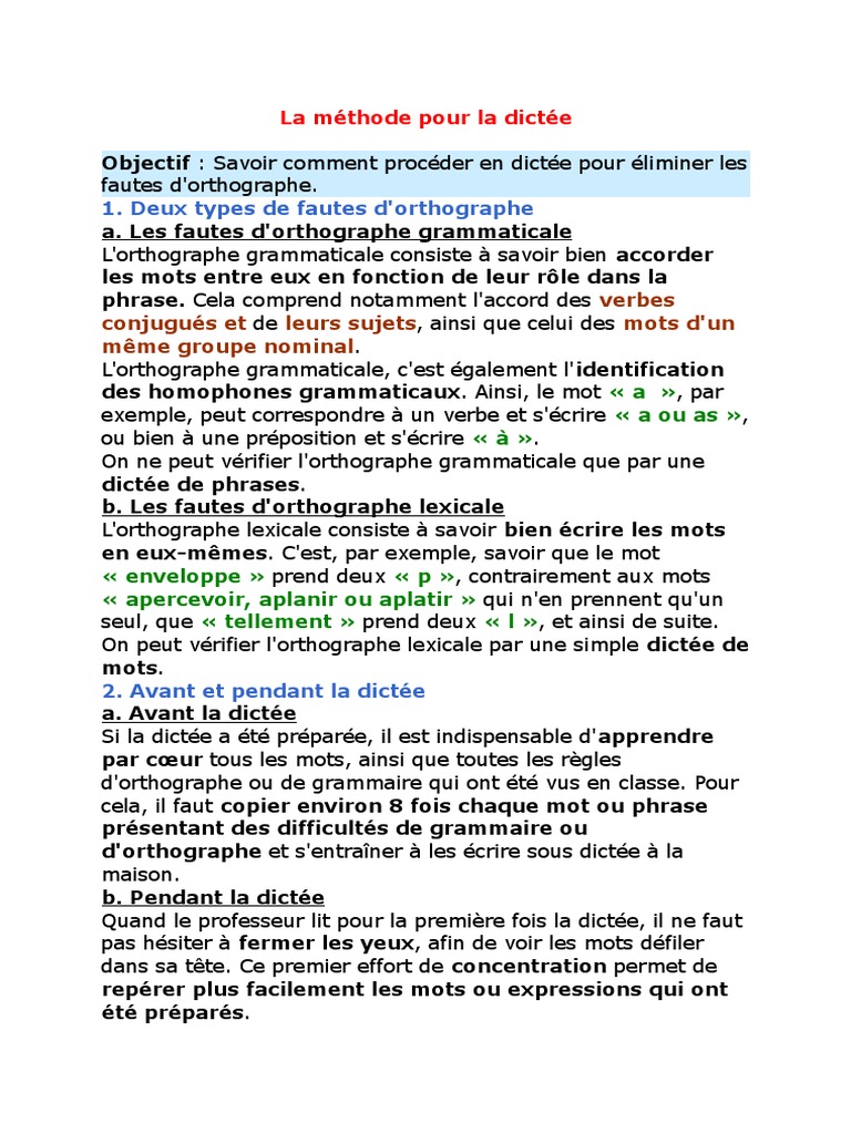 Méthode efficace pour réussir une dictée | PDF | Nombre grammatical | Verbe