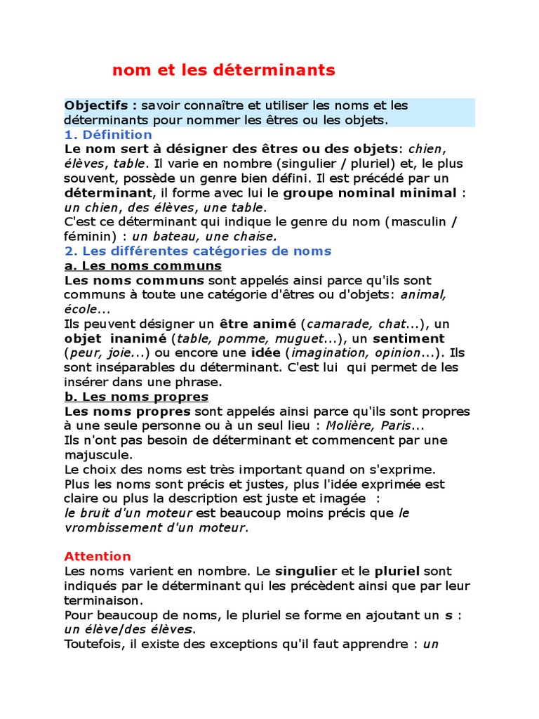 Noms et déterminants : définitions clés | PDF | Genre grammatical ...