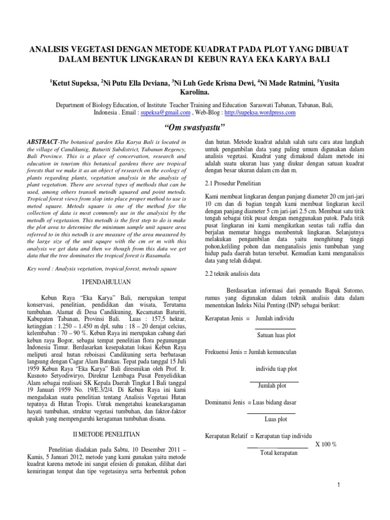 Analisis Vegetasi Dengan Metode Kuadrat Pada Plot Yang Dibuat Dalam Bentuk Lingkaran Di Kebun ...