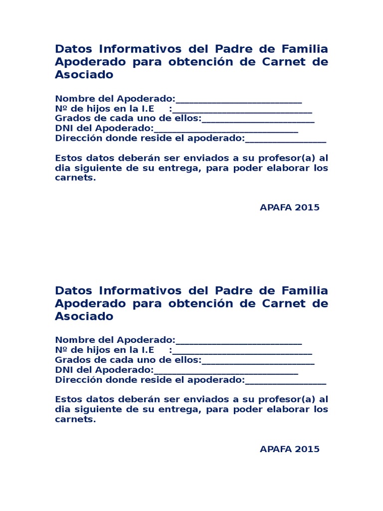 Formulario de Datos para Carnet APAFA | PDF