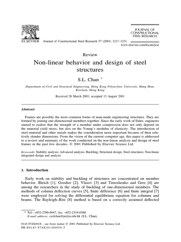 Non Linear Behavior and Design of Steel Structures 2001 Journal of Constructional Steel Research ...