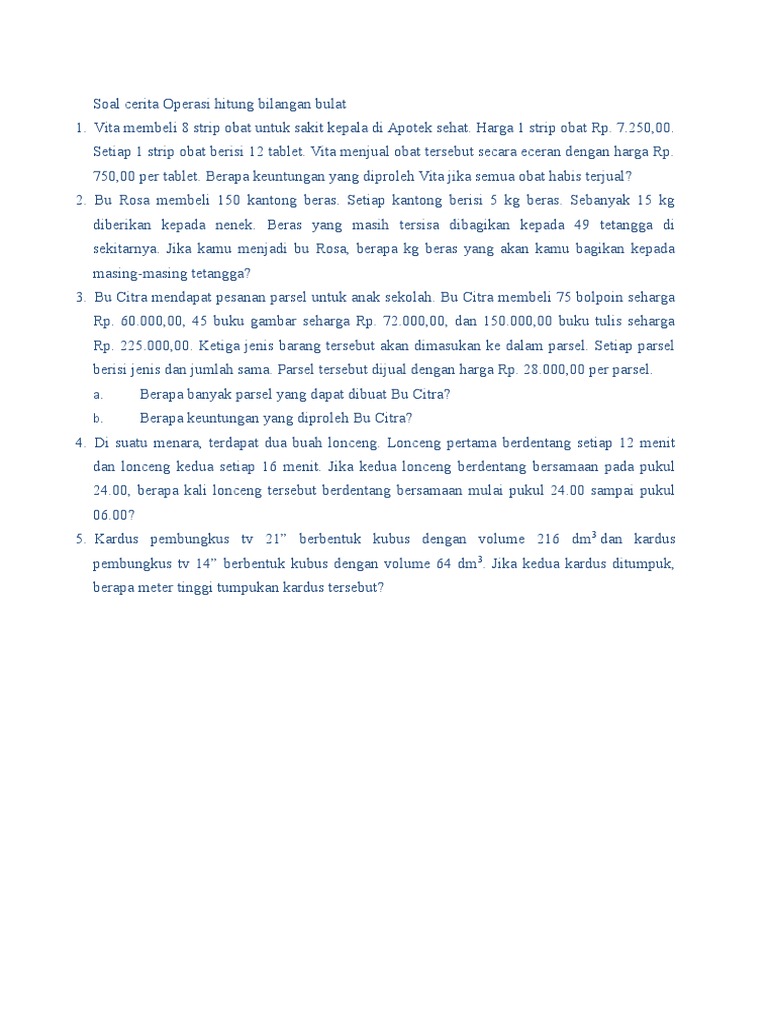 Soal Cerita Operasi Hitung Bilangan Bulat | PDF