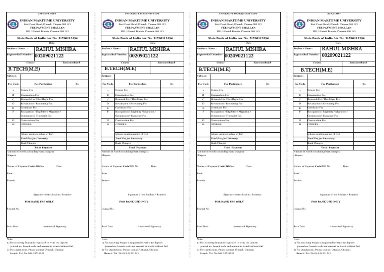 SBI Fee Payment Challan | PDF | Signature | Fee