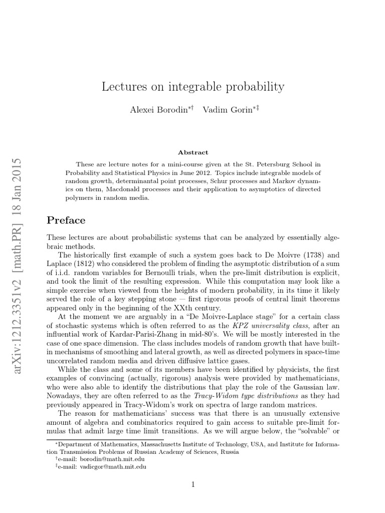 Lectures On Integrable Probability | PDF | Stochastic Process | Algebra