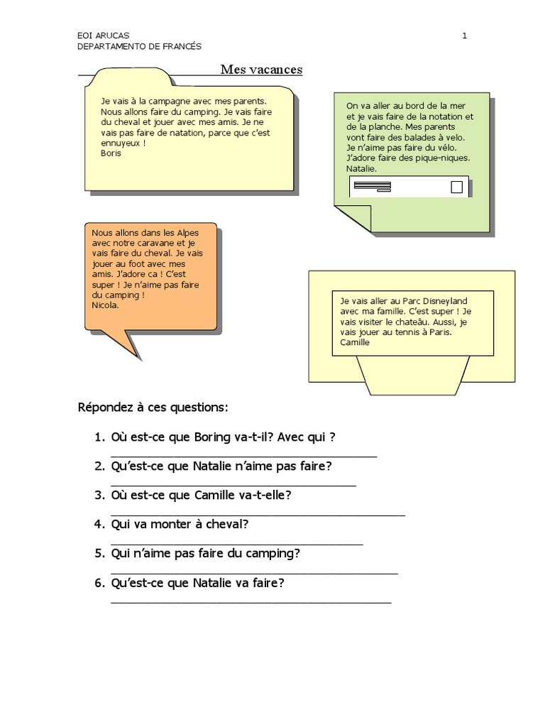 Compréhension Écrite Les Vacances | PDF