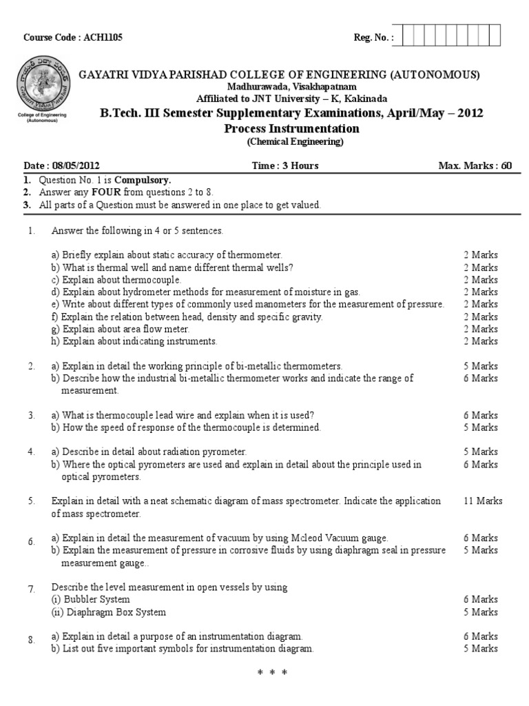 Process Instrumentation Exam Questions | PDF