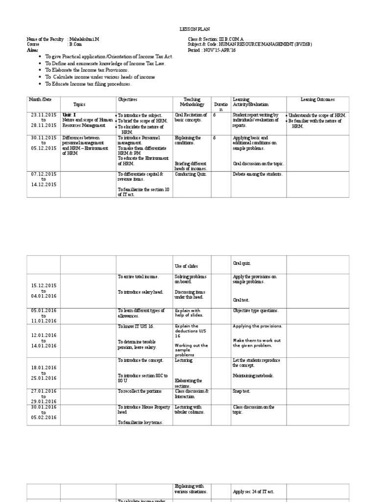 Lesson Plan HRM | PDF | Human Resource Management | Lesson Plan