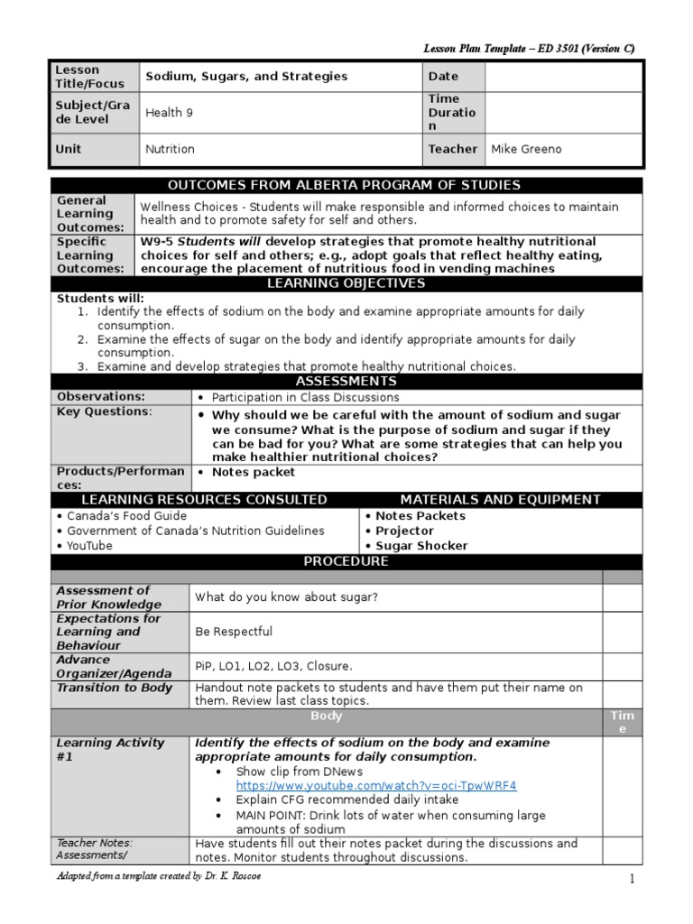 Nutrition Lesson Plan #3 | Nutrition | Diet & Nutrition