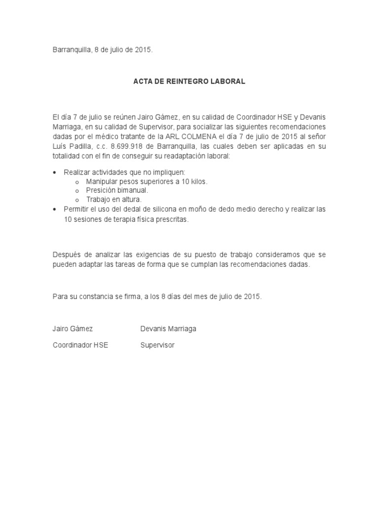 Reintegro Laboral: Recomendaciones Médicas | PDF | Salud y bienestar