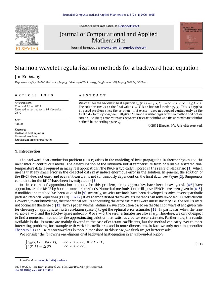Shannon Wavelet Regularization Methods For A Backward Heat Equation | PDF | Partial Differential ...