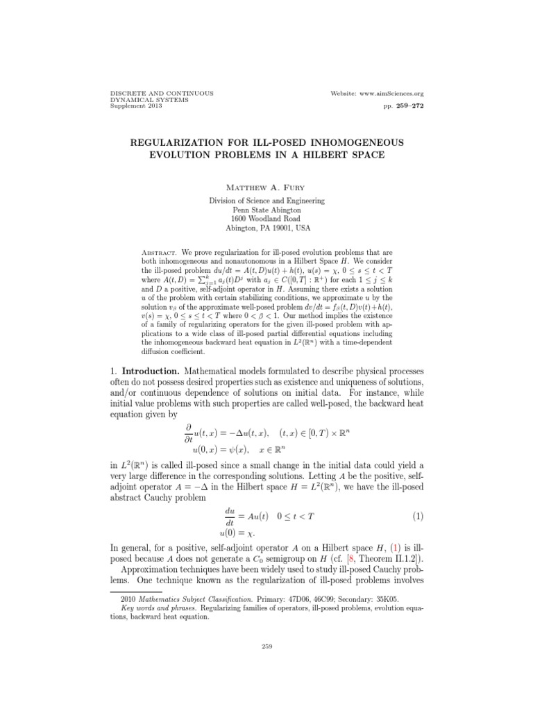 Regularization For Ill Posed Inhomogeneous Evolution Problems In A Hilbert Space Pdf Hilbert