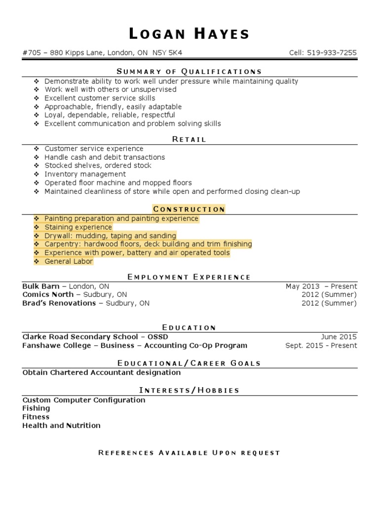 Logan Hayes: Retail & Construction Skills | PDF