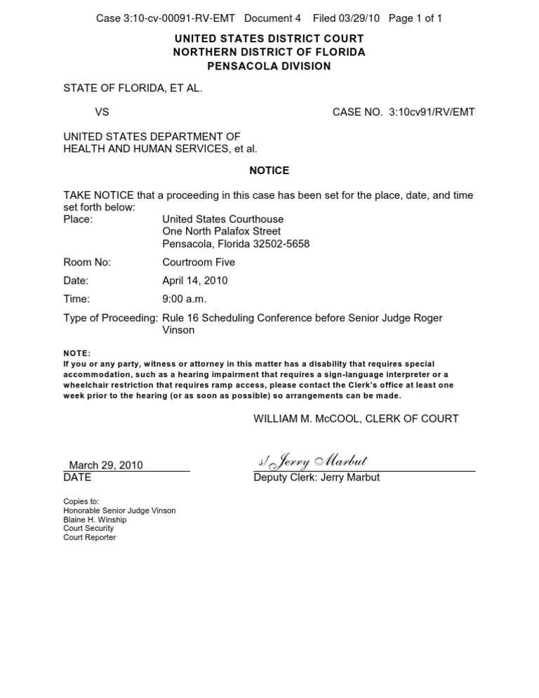 FLORIDA, Et Al. V U.S. DHHS, Et Al. - 4 - NOTICE OF HEARING. Rule 16 ...