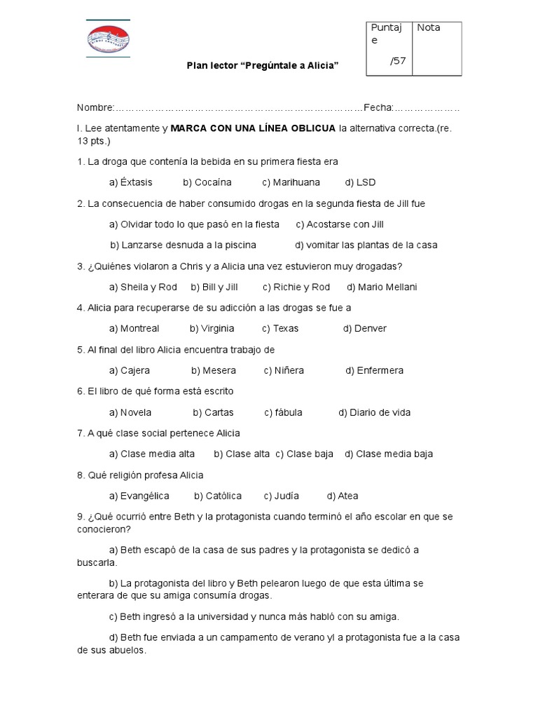 Evaluación Preguntale A Alicia | PDF | Ocio