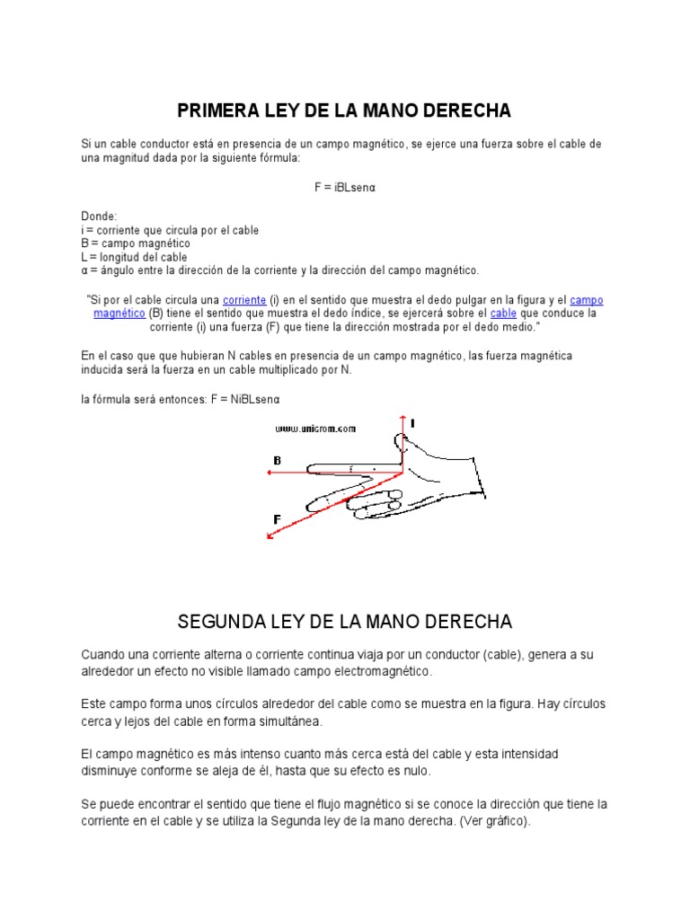 Primera Ley de La Mano Derecha | PDF | Campo magnético | Corriente ...