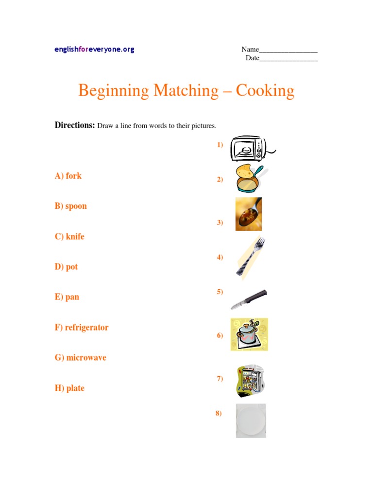 Cooking Vocabulary Matching Activity | PDF | Teaching Methods & Materials