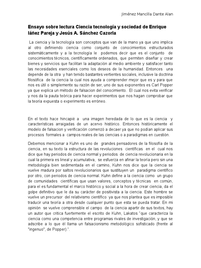 Ensayo Sobre Lectura Ciencia Tecnología y Sociedad de Enrique Iáñez ...