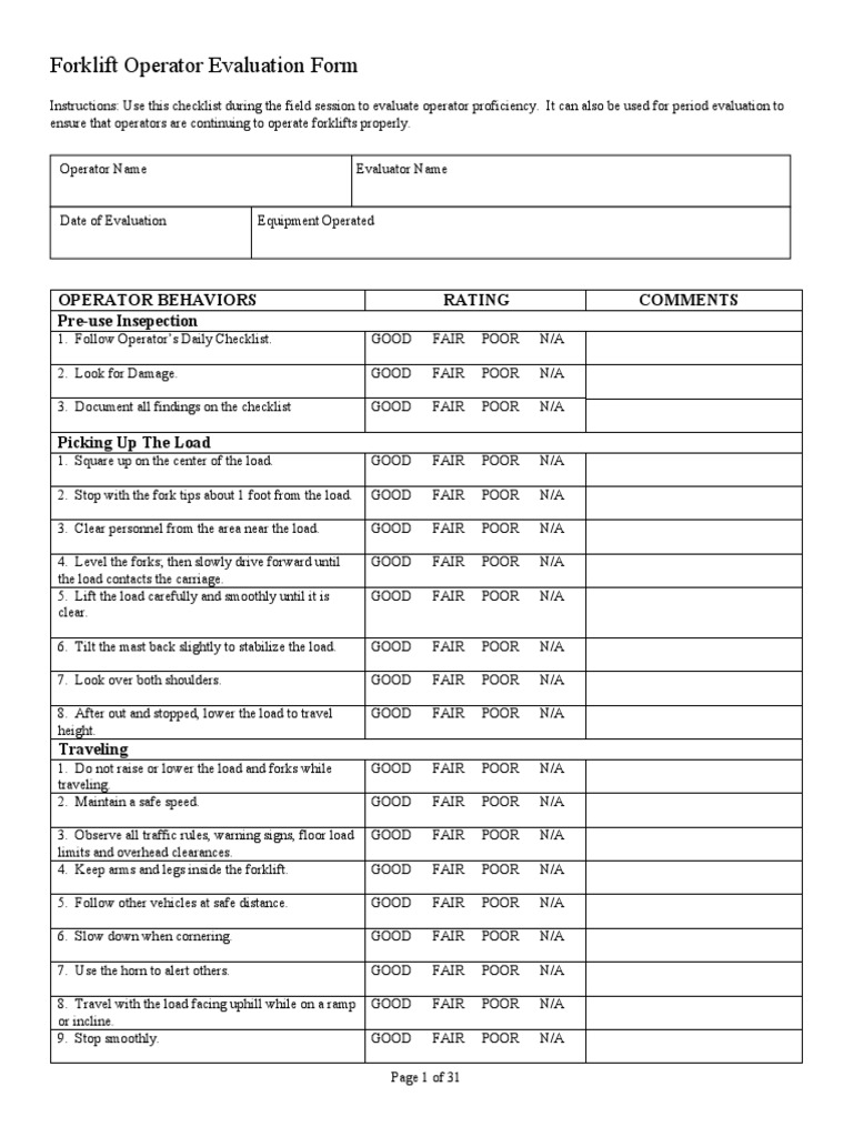 Forklift Operator Evaluation Form | PDF | Forklift | Battery (Electricity)
